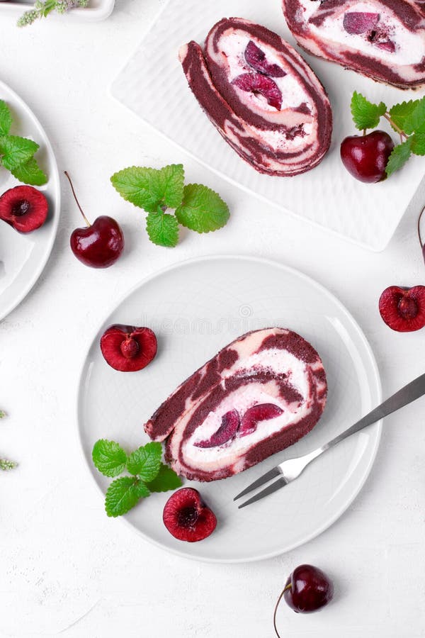 Biscuit Roulade with Cherry and Cream Cheese Stock Image - Image of ...