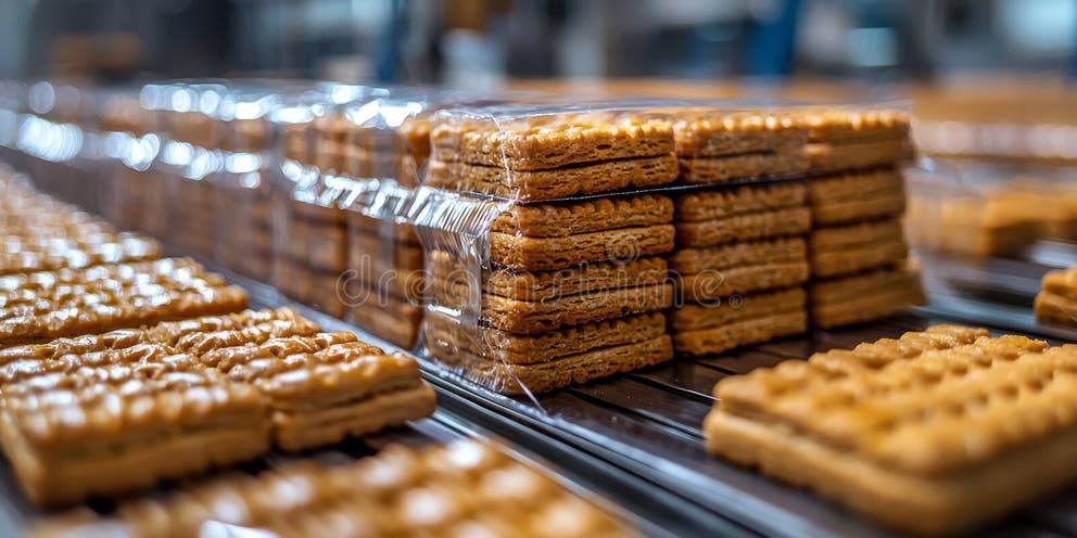 Biscuits Being Packaged on an Automated Production Line Stock Image ...