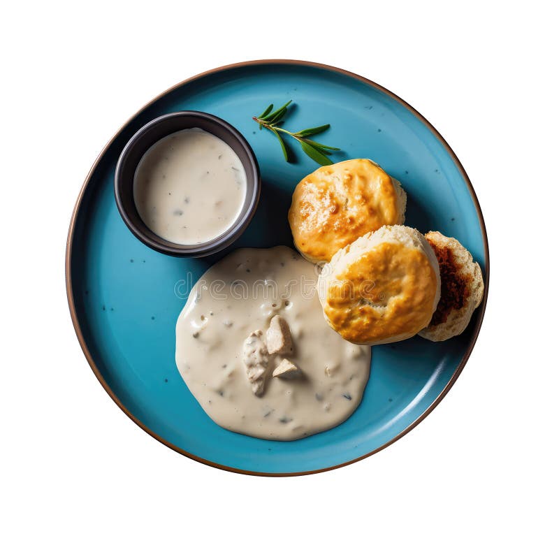 Biscuits and Gravy on Blue Smooth Round Plate on Isolated Transparent ...