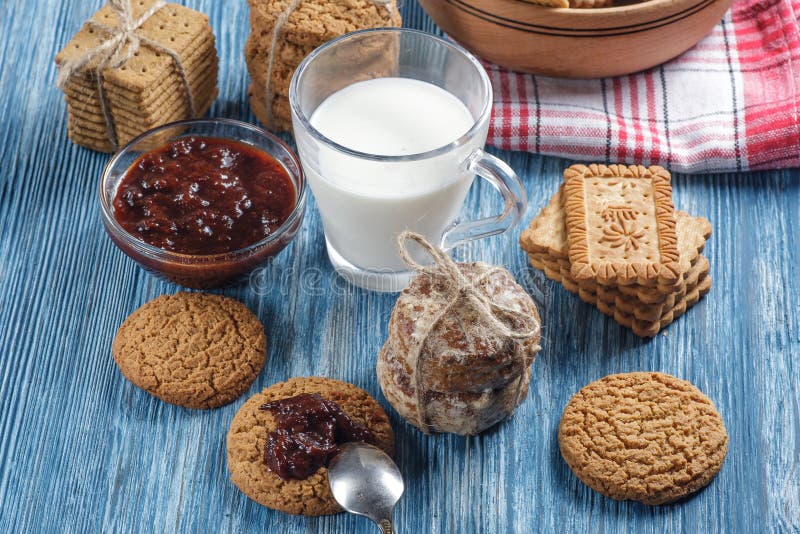 Biscuits on table stock photo. Image of blue, milk, breakfast - 85780918
