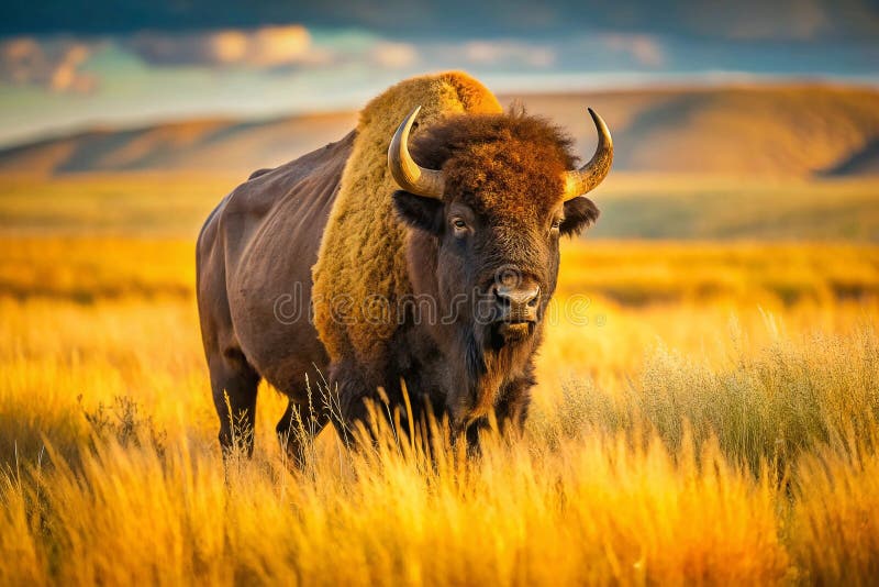 Bison Bull in Golden Meadowlands at Sunrise Stock Illustration ...