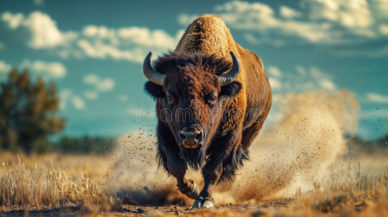 Bison Charging through the Dusty Grasslands Stock Illustration ...