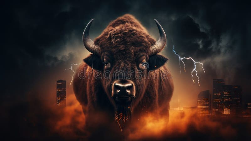 The Bison is in the City with Lightning and Thunder, AI Stock Image ...