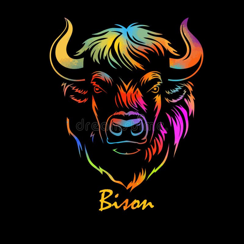 Bison Colored Head on Black Background. Hand Drawing Stock Illustration ...