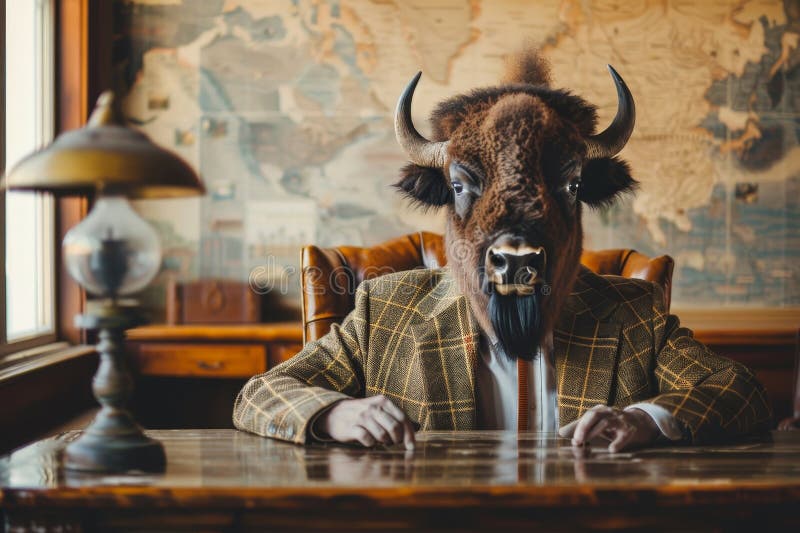 A Bison in a Corporate Strategy Room Wearing a Robust Suit Representing Resilience and Solid ...