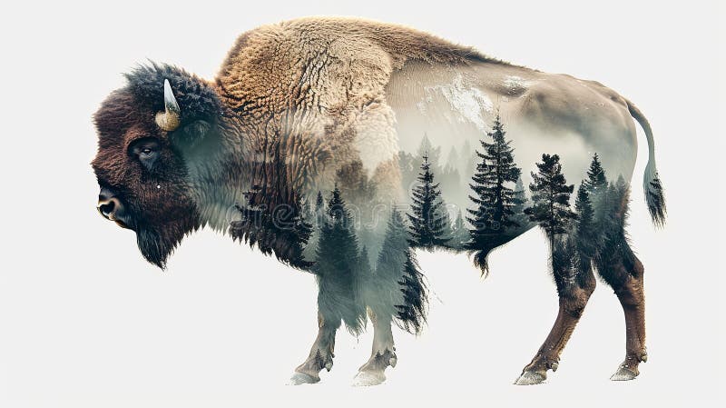 Bison Design with Mountain Landscape and Forest Double Exposure Stock ...