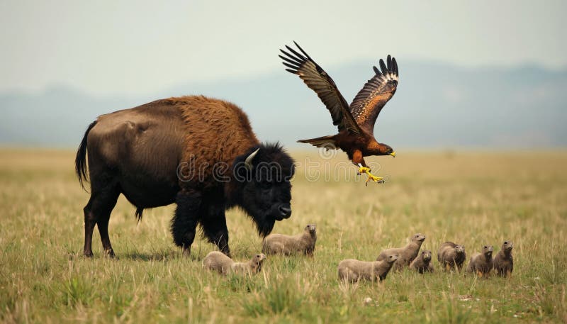 Bison with Eagle and Prairie Dogs in Field Stock Illustration ...