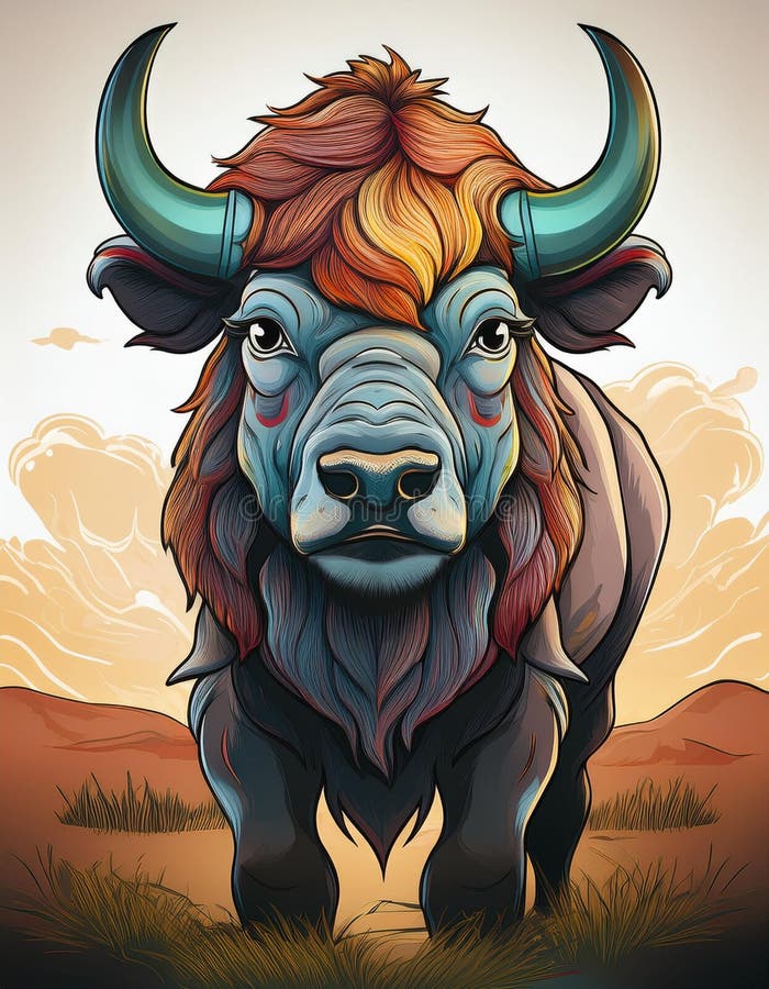 Bison in field cartoon stock illustration. Illustration of meadow ...