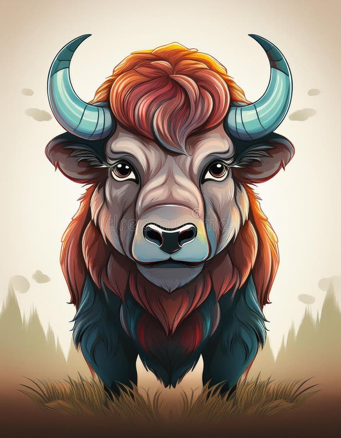 Bison in field cartoon stock illustration. Illustration of head - 355348816