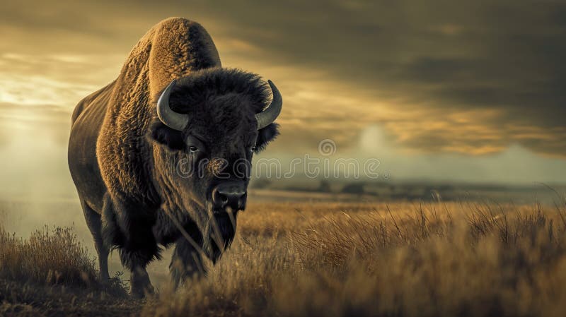 A Bison in a Field with a Sunset. Stock Illustration - Illustration of bull, cattle: 326013585