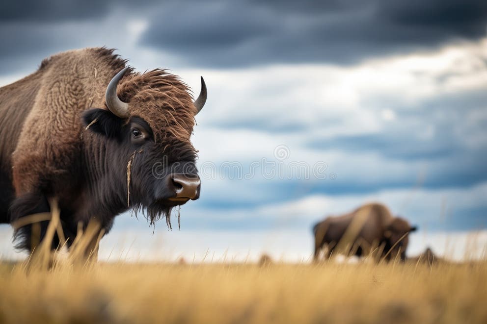 Bison in the Foreground with Storm Clouds Above Prairie Stock ...