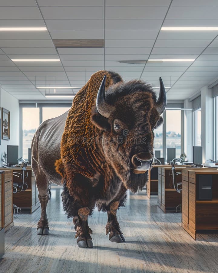 A Bison in a Grassland Office Park Embodying Strength and Stability in ...