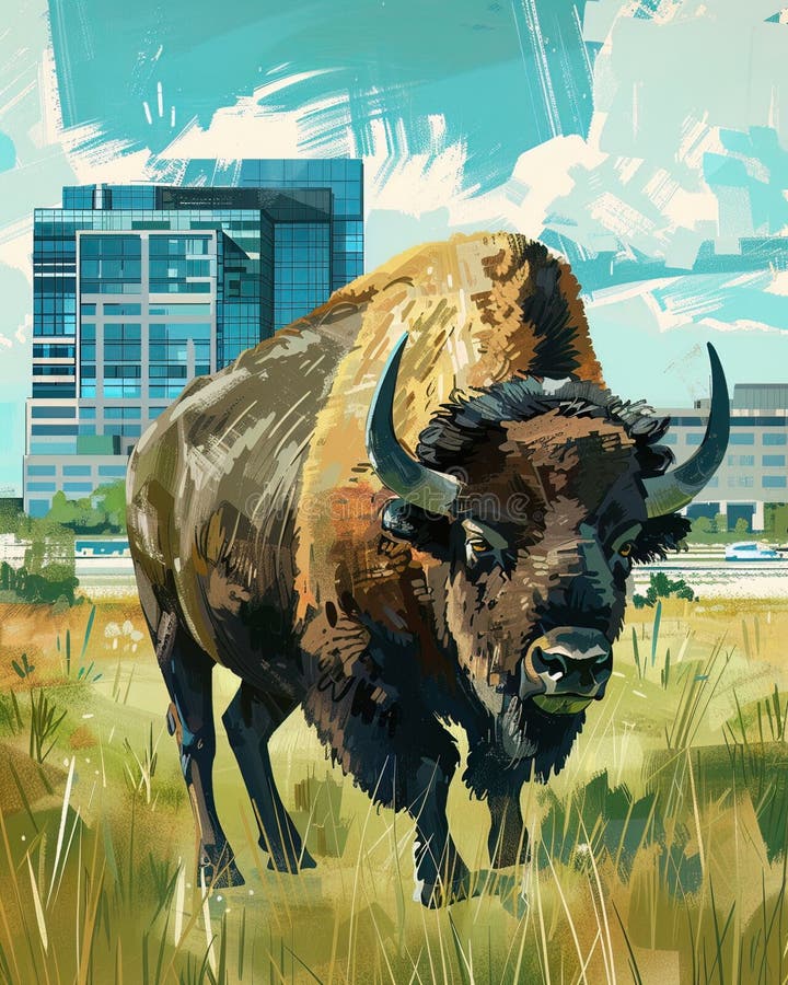 A Bison in a Grassland Office Park Embodying Strength and Stability in ...
