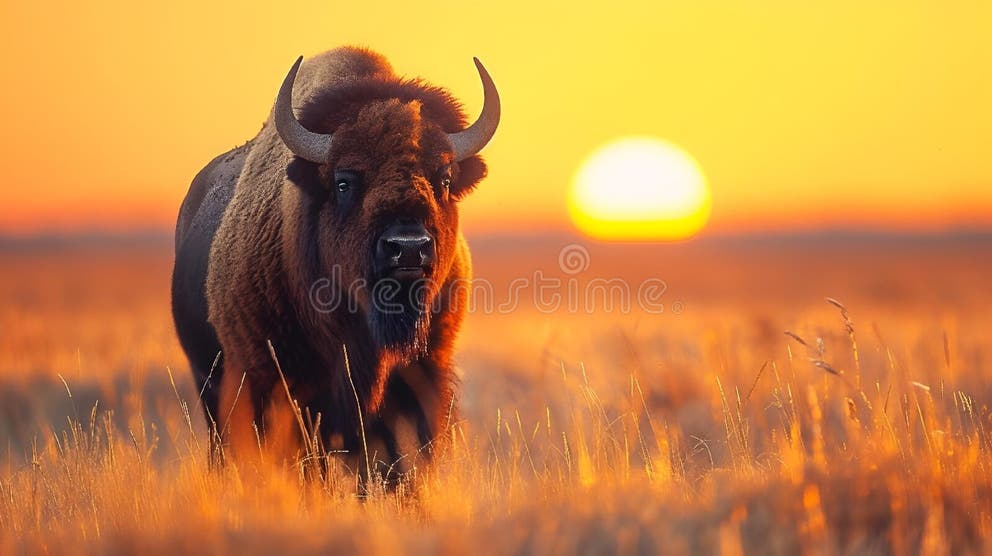 Bison in a Grassy Plain at Sunset, AI-generated. Stock Illustration ...