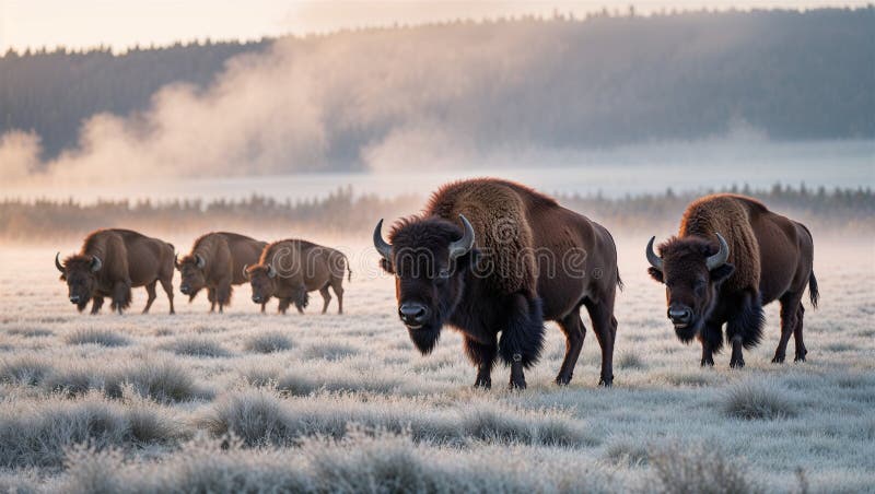 Bison Grazing in Frosty Field with Mist Lifting Behind Them at First ...