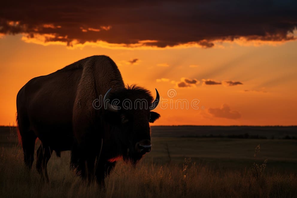 Bison Grazing on a Meadow at Sunset Stock Image - Image of animal ...
