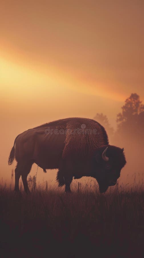 Bison Grazing at Sunrise in a Misty Field, Tranquil Wildlife Scenery ...