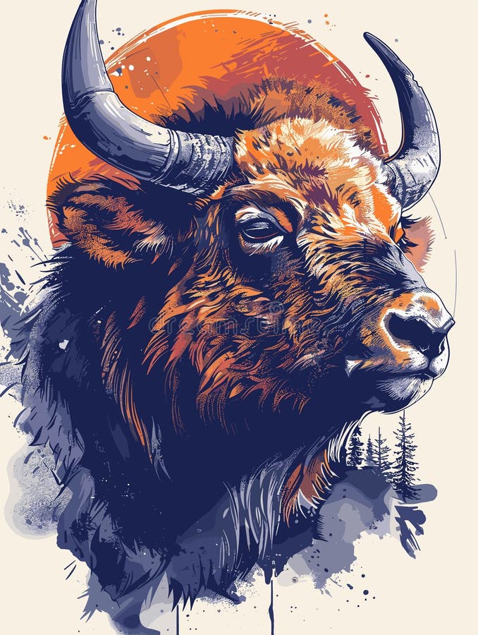 Bison Head. Hand Drawn Vector Illustration in Grunge Style. Stock ...