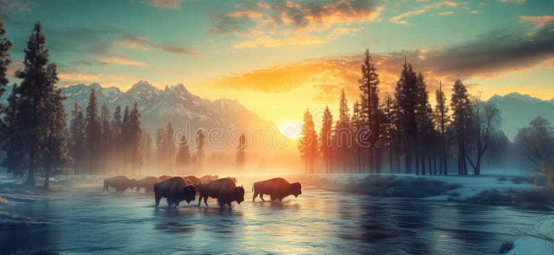 Bison Herd Crossing River at Sunrise in Mountain Landscape with Pine ...