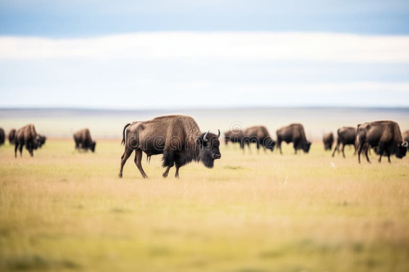Bison Herd Grazing on a Grassland Plain Stock Illustration ...