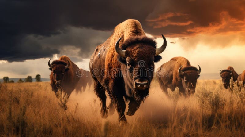 Bison Herd Moving through a Prairie Storm Stock Illustration ...