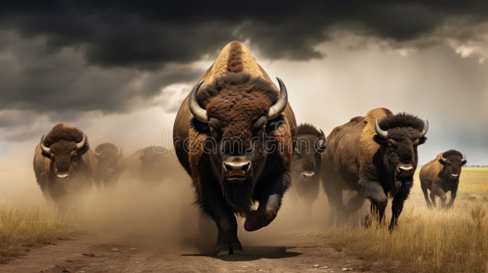 Bison Herd Moving through a Prairie Storm Stock Illustration ...