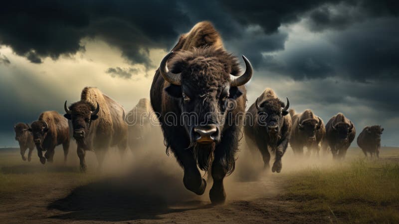 Bison Herd Moving through a Prairie Storm Stock Illustration ...