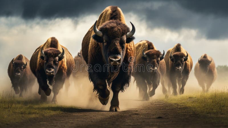 Bison Herd Moving through a Prairie Storm Stock Illustration ...