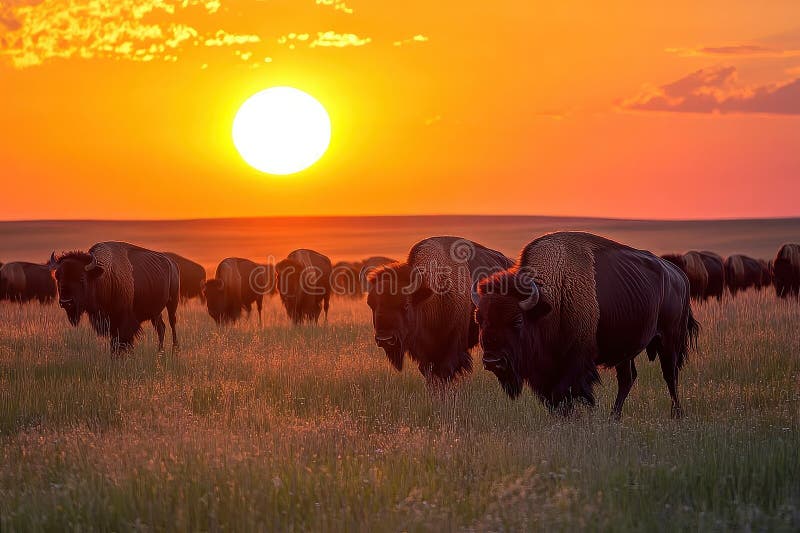 Bison Herd Silhouette at Sunset Stock Illustration - Illustration of ...