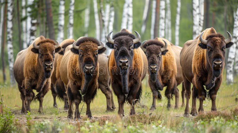 Bison Herd Walking through a Birch Forest Stock Illustration ...