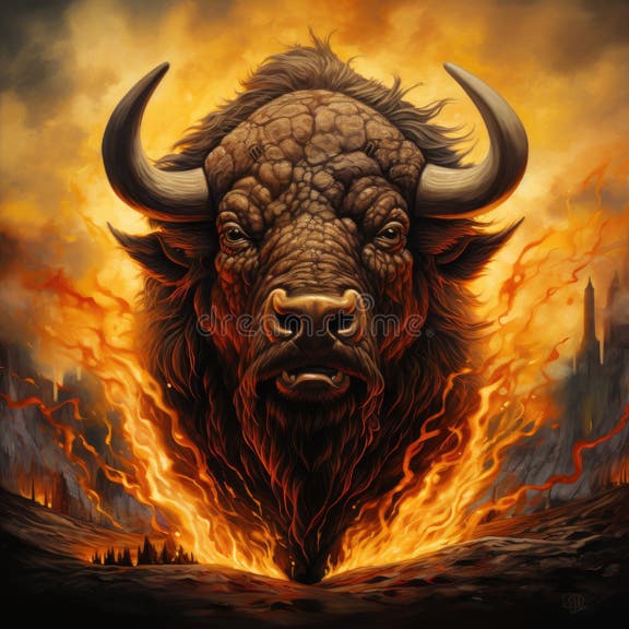 A Bison with Horns and Fire Stock Illustration - Illustration of mammal ...