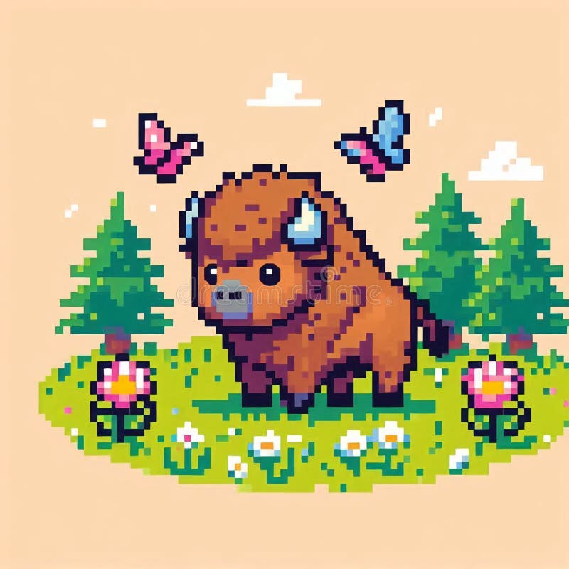 Bison Illustration Design in Park,pixel Art Stock Illustration ...
