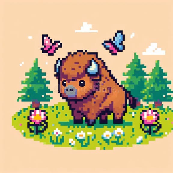 Bison Illustration Design in Park,pixel Art Stock Illustration ...