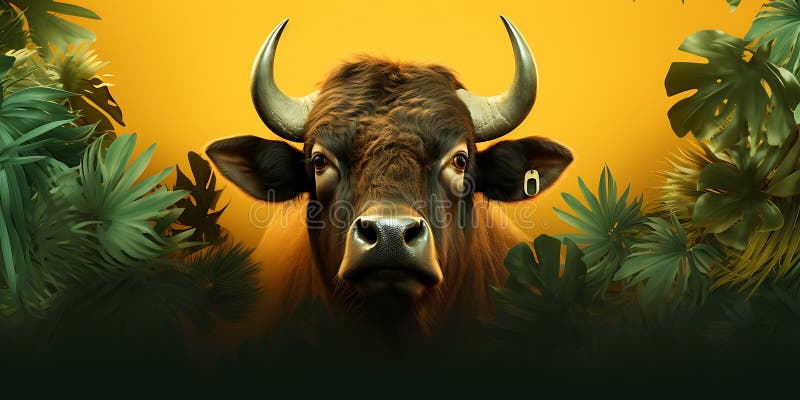 Bison in the Jungle on a Yellow Background. 3d Rendering Stock ...