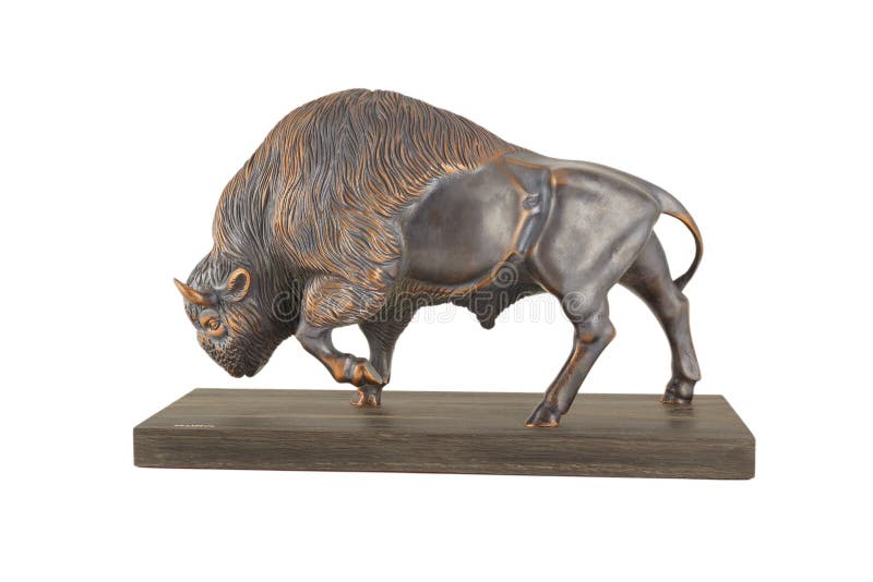 Bison Made of Brass on a Wooden Stand and White Background, Isolate ...