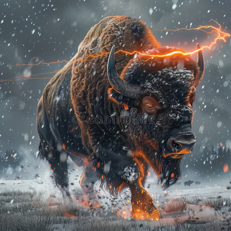 A Bison with a Neon Orange Mace Tail Charging through a Snowy Field in ...