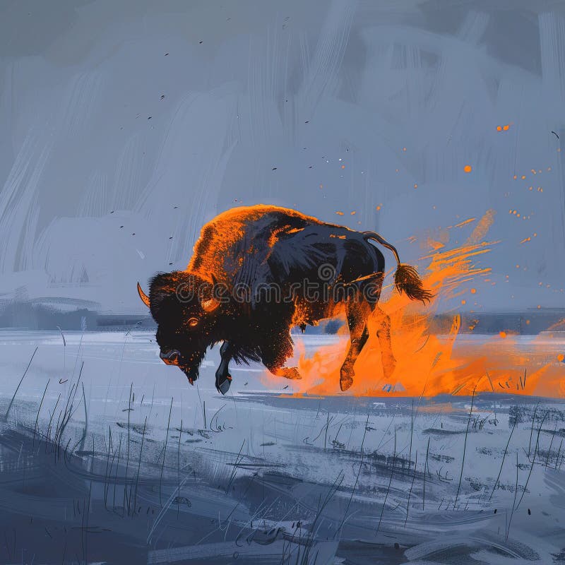 A Bison with a Neon Orange Mace Tail Charging through a Snowy Field in ...