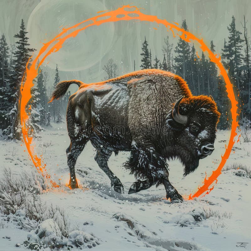 A Bison with a Neon Orange Mace Tail Charging through a Snowy Field in ...