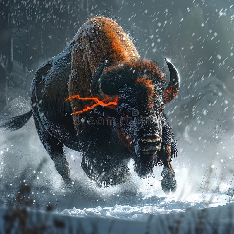 A Bison with a Neon Orange Mace Tail Charging through a Snowy Field in ...