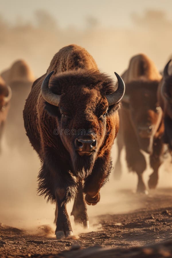 Bison Run at Full Speed through the Dust Stock Illustration ...