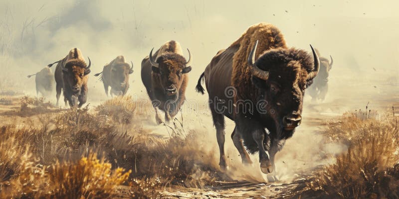 Bison Run at Full Speed through the Dust Stock Illustration ...