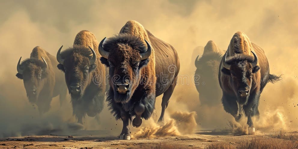 Bison Run at Full Speed through the Dust Stock Illustration ...