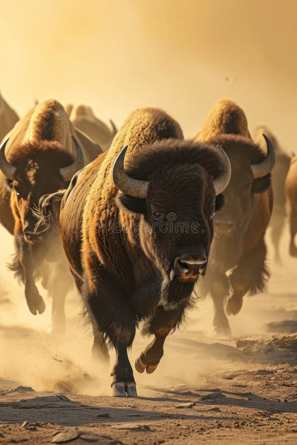 Bison Run at Full Speed through the Dust Stock Illustration ...