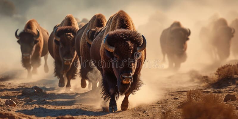 Bison Run at Full Speed through the Dust Stock Illustration ...