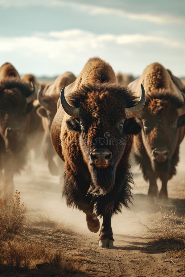 Bison Run at Full Speed through the Dust Stock Illustration ...