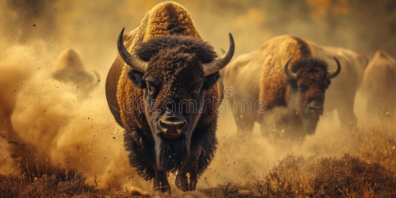 Bison Run at Full Speed through the Dust Stock Illustration ...