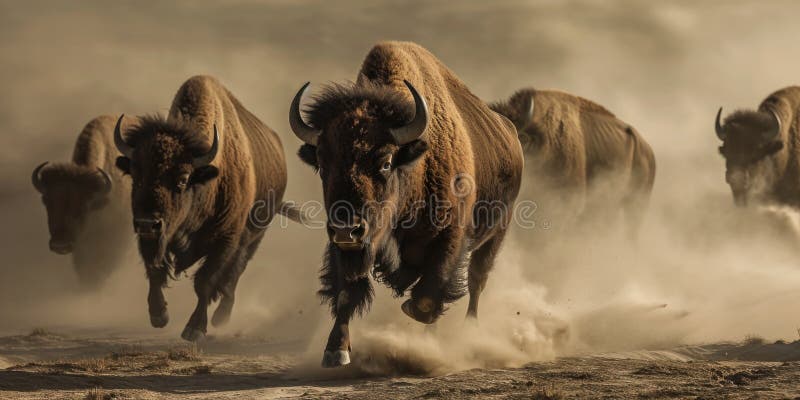 Bison Run at Full Speed through the Dust Stock Illustration ...