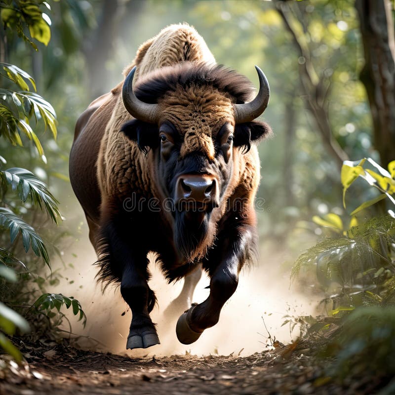 Bison Running through Forest. Stock Illustration - Illustration of ...