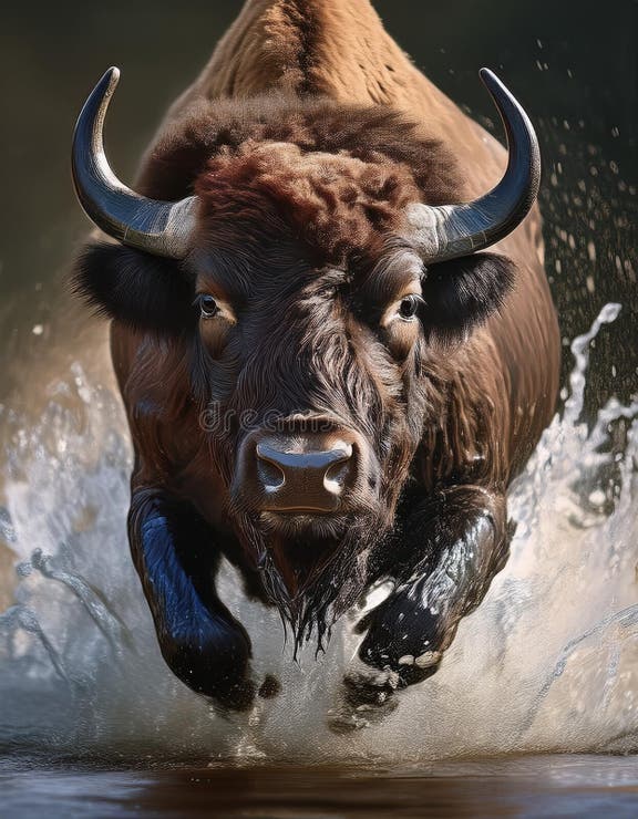 Bison Running in Water Cartoon Stock Image - Image of cartoon, nature ...