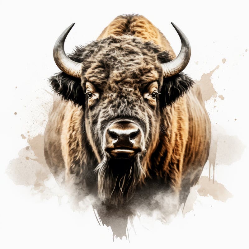 Cool Bison Illustration with White Paint and Watercolor Background ...